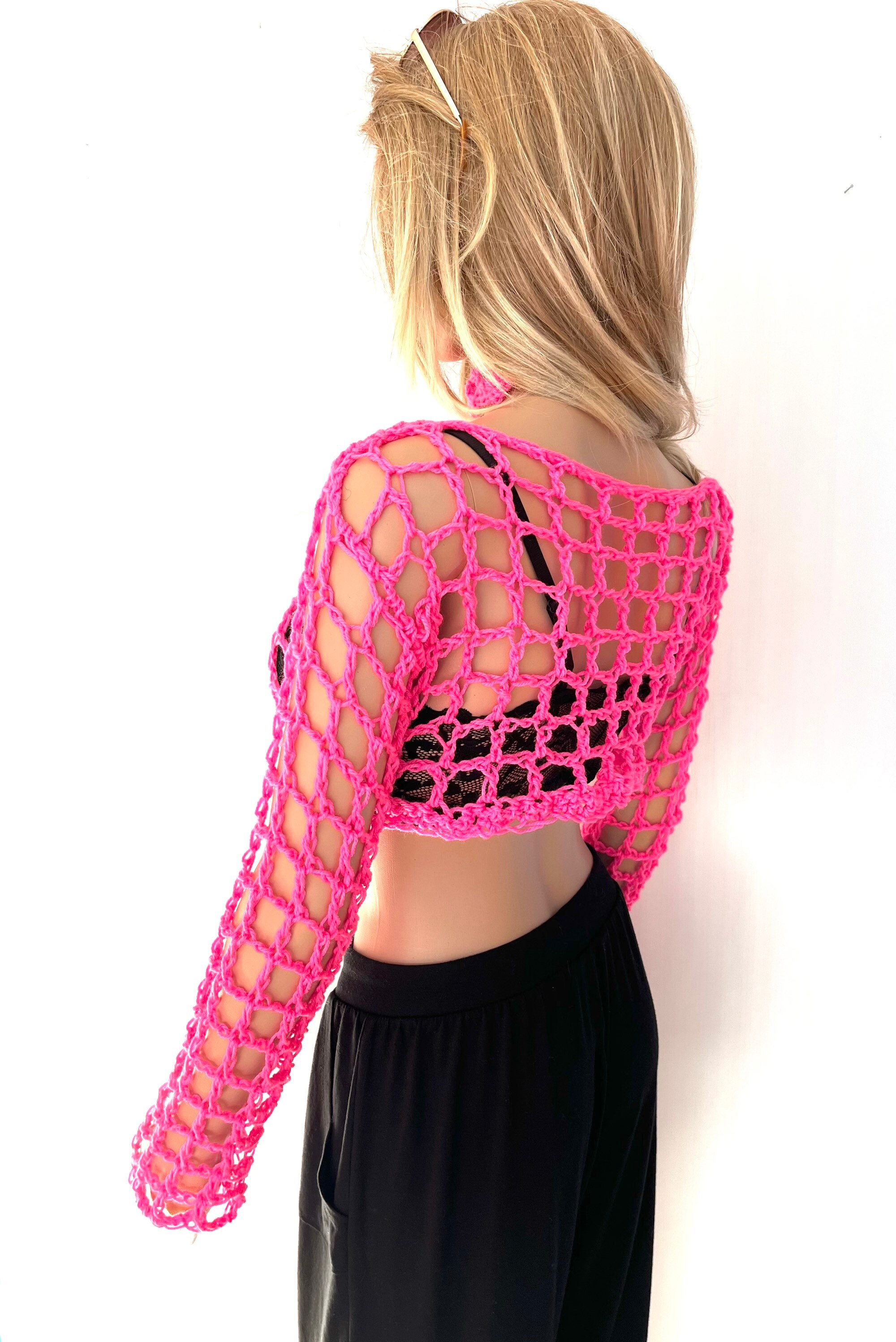 Cropped Mesh Long Sleeved Sweater Fuchsia Pink Crochet Knit Cropped Mesh Long Sleeved Sweater Fuchsia Pink Crochet Knit