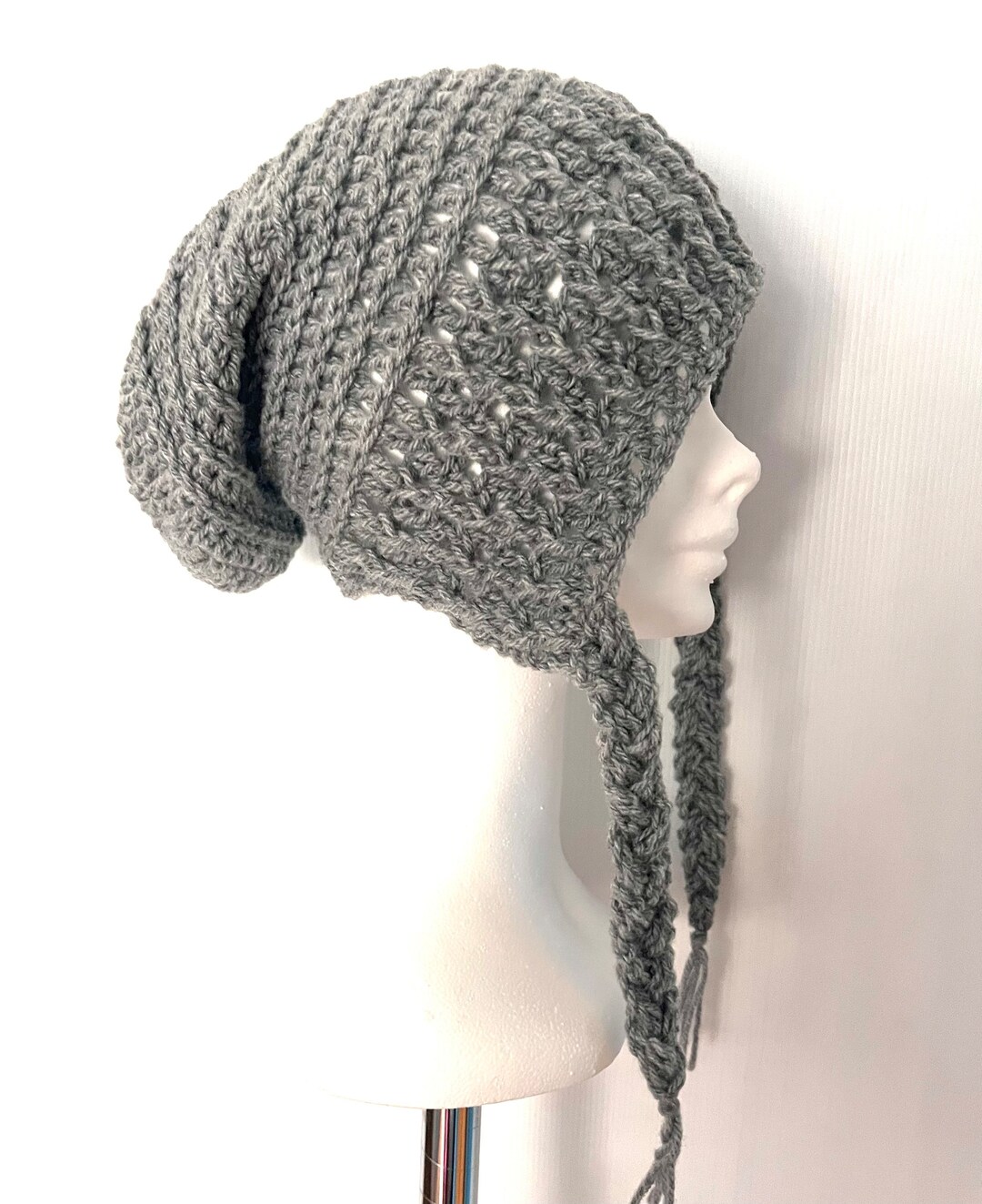 Grey Slouch Hat With Pigtails , Women Platt Hat Beanie Slouch Crochet ...