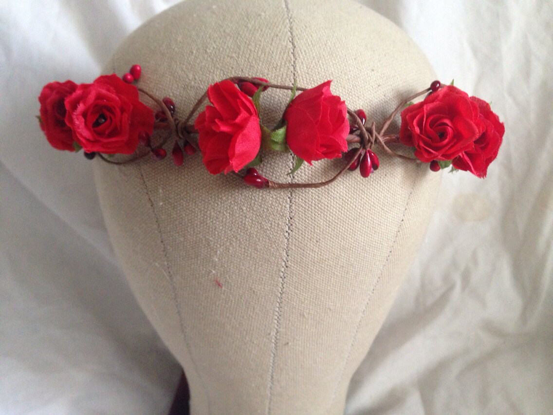 Red Rose Flower Crown, Rose Floral Hair Wreath, Rose Bridal Hairpiece ...