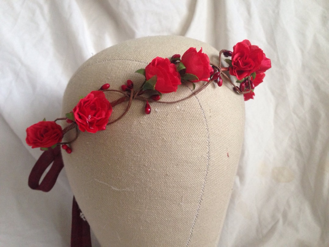 Red Rose Flower Crown, Rose Floral Hair Wreath, Rose Bridal Hairpiece ...
