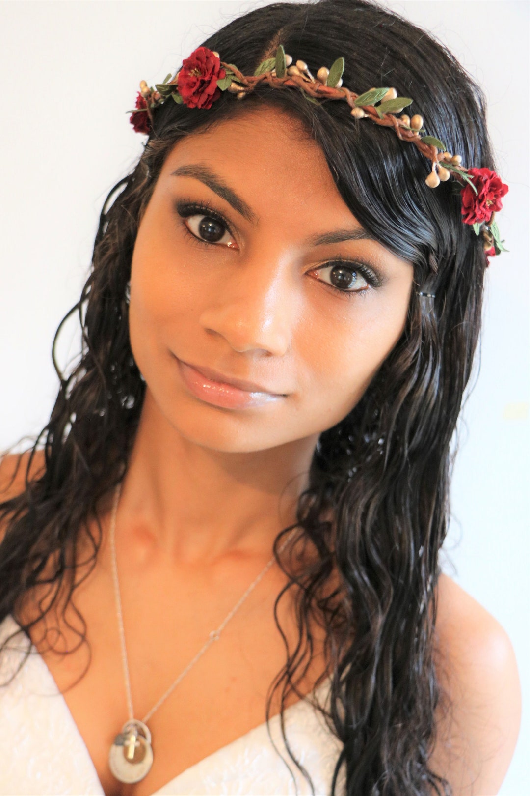 Red Rose Tiara Gold Berry Wreath Burgundy Crimson Flower Crown Green ...