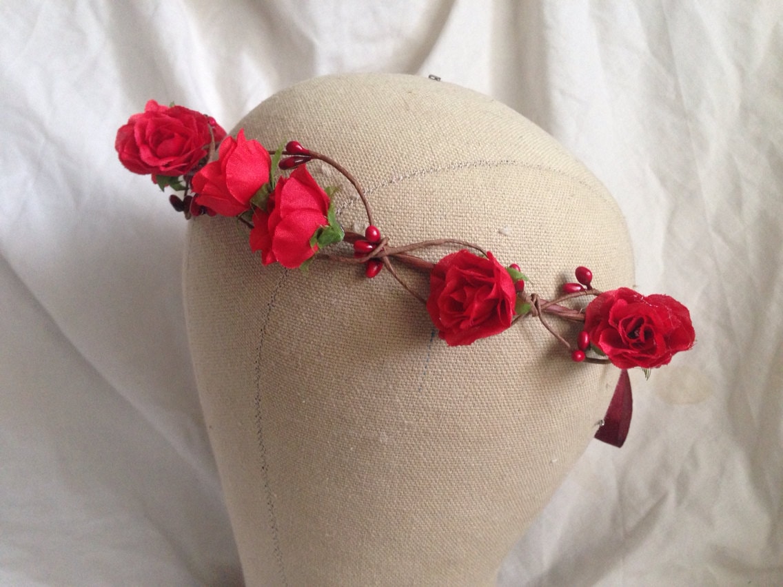 Red Rose Flower Crown, Rose Floral Hair Wreath, Rose Bridal Hairpiece ...