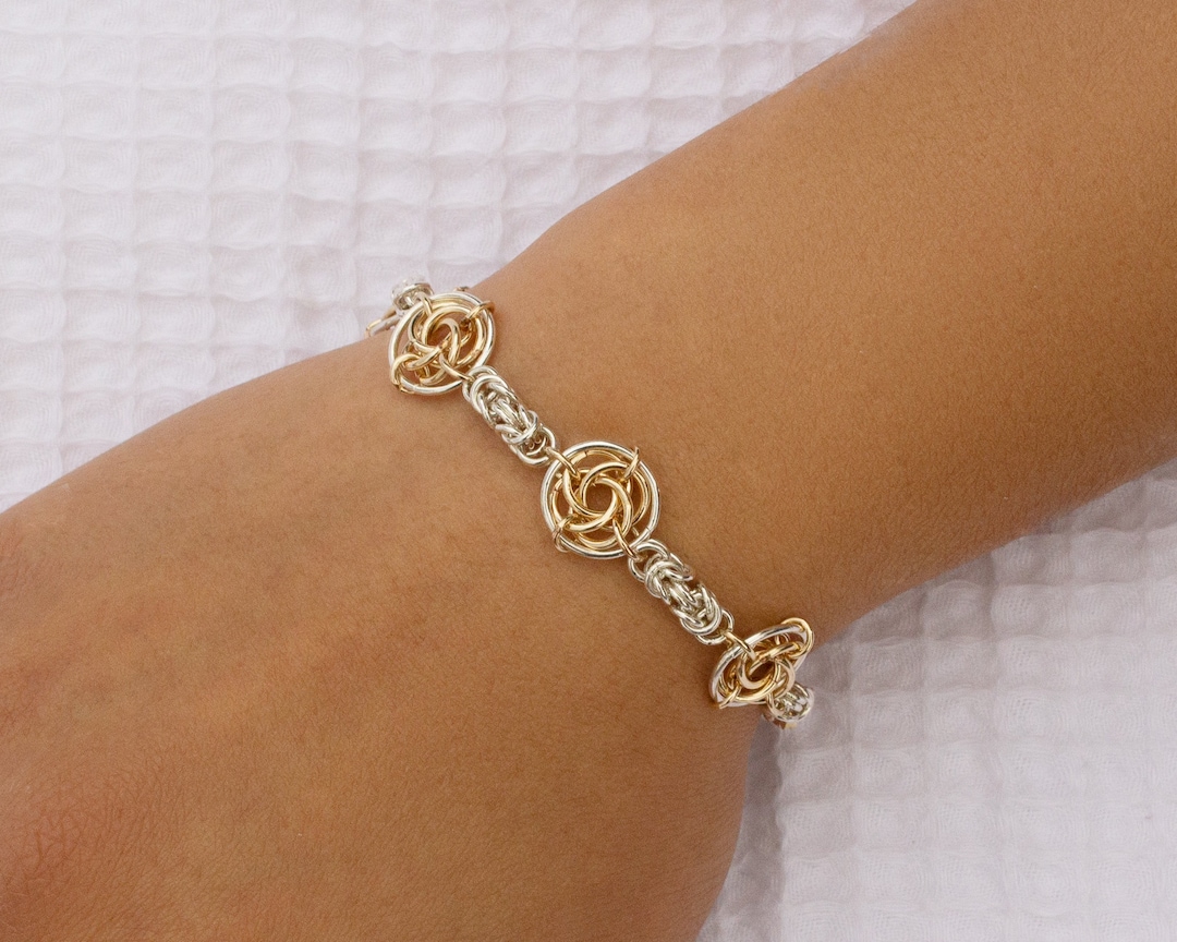 Silver Chain Bracelet With Gold Sunbursts, Dainty Formal Jewelry ...