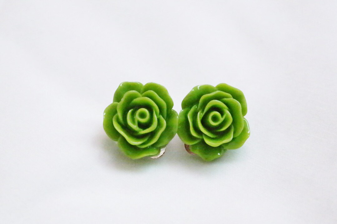 GREEN Rose Clip on Earrings. Little Girl Clip on Earrings , Birthday ...