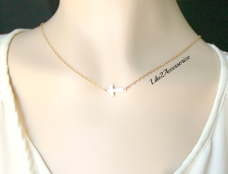 14k Gold Small Cross Necklace Baptism Confirmation Gift Side - Etsy