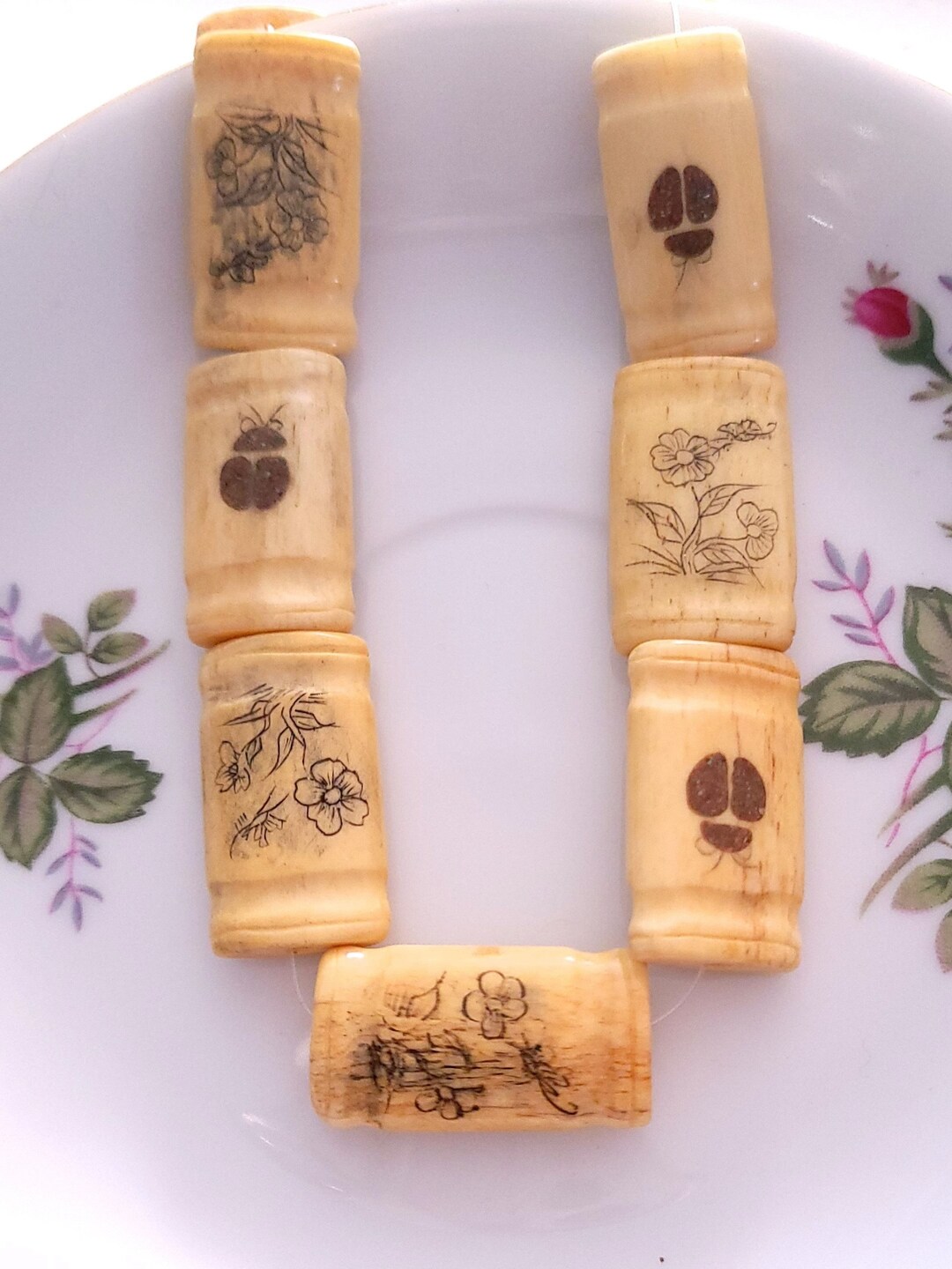 17x30mm Vintage Painted Lady Bug/ Flowers Rectangle Bone Beads - Etsy