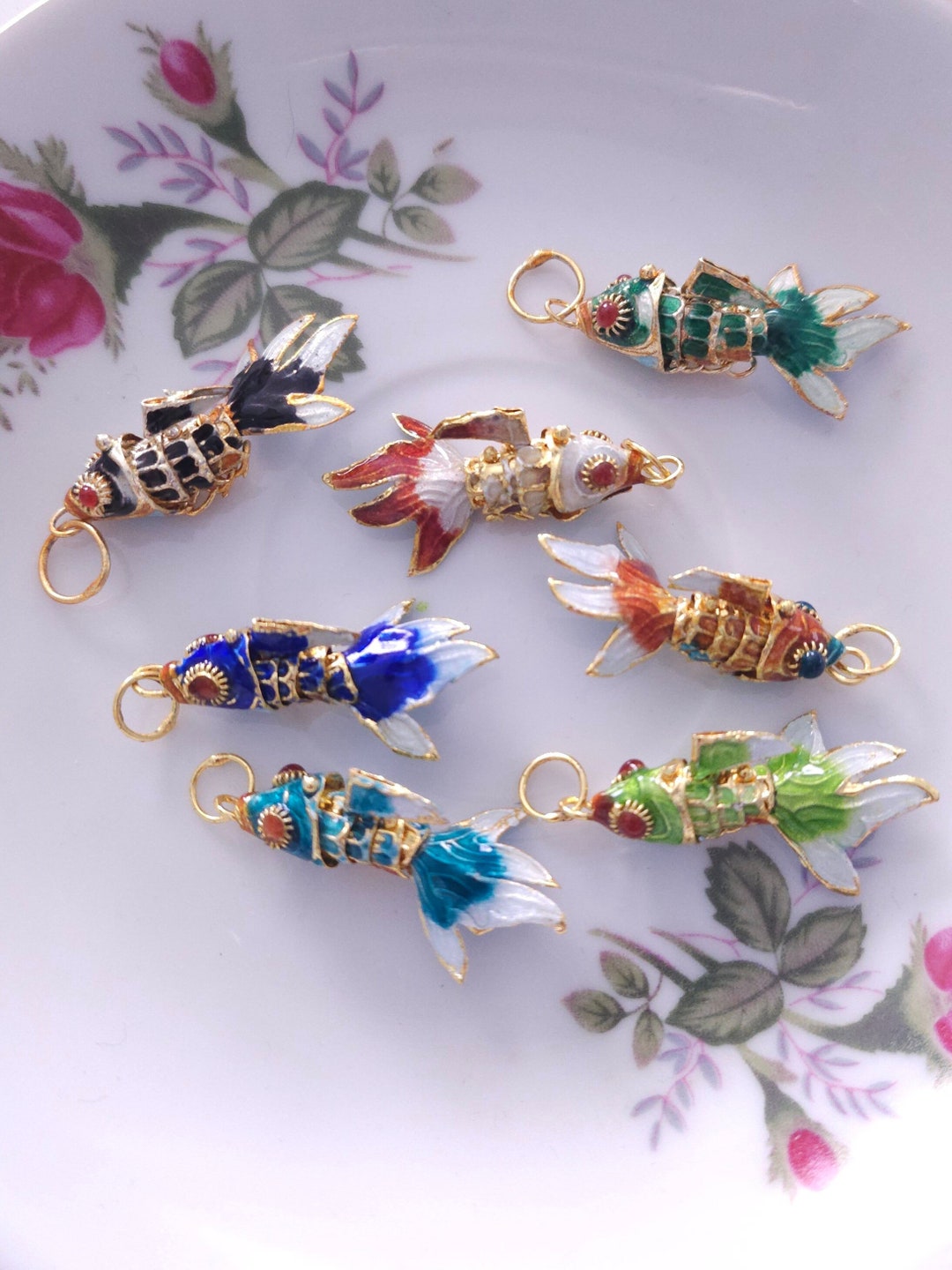 Cloisonne Enamel Fantail Goldfish Fish Charm With Gold Colored Ring ...