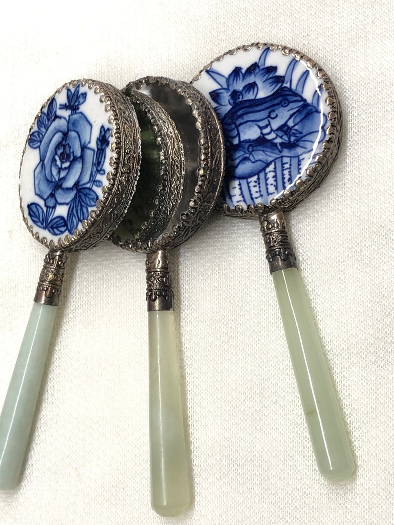 Vintage Small Blue & White Porcelain Hand Mirror With Jade Handle - Etsy