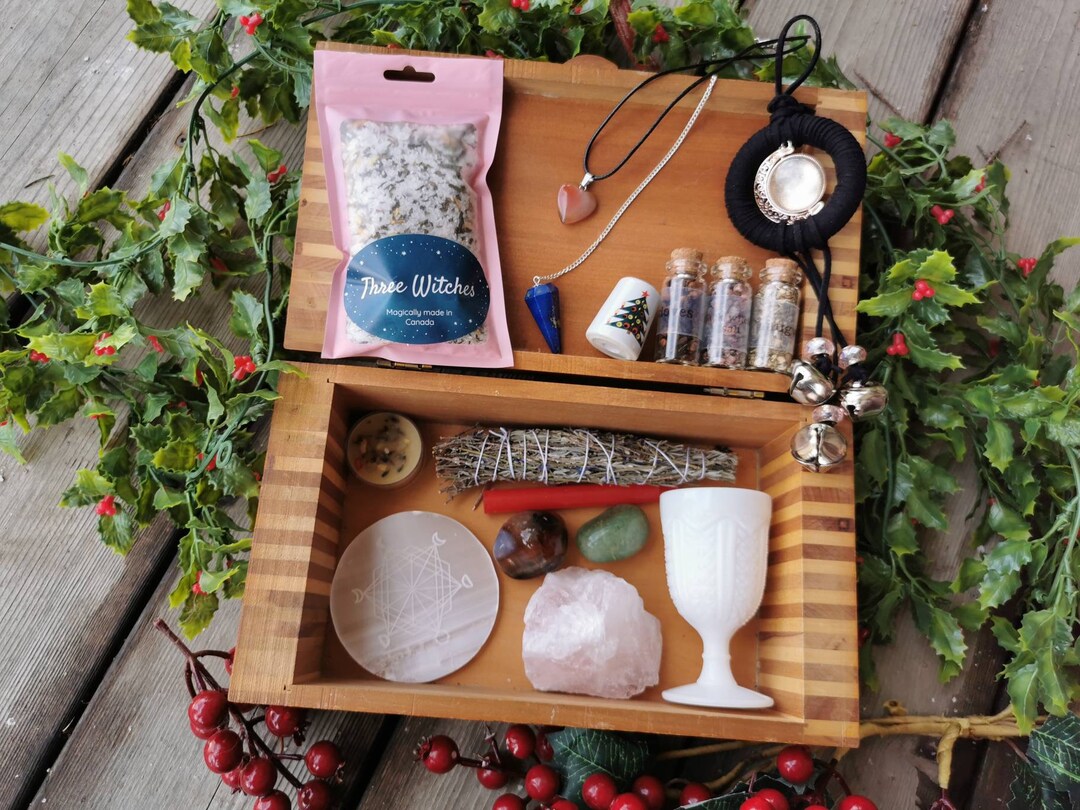 Vintage Wooden Altar Box Witch Kit. Witches Bells, Crystals, Goblet ...