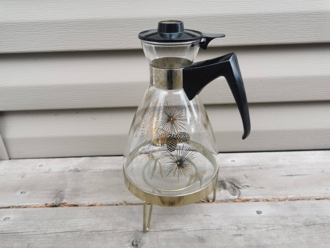 Vintage Glass Pyrex Carafe With Gold Design and Stand Gold Pinecone ...