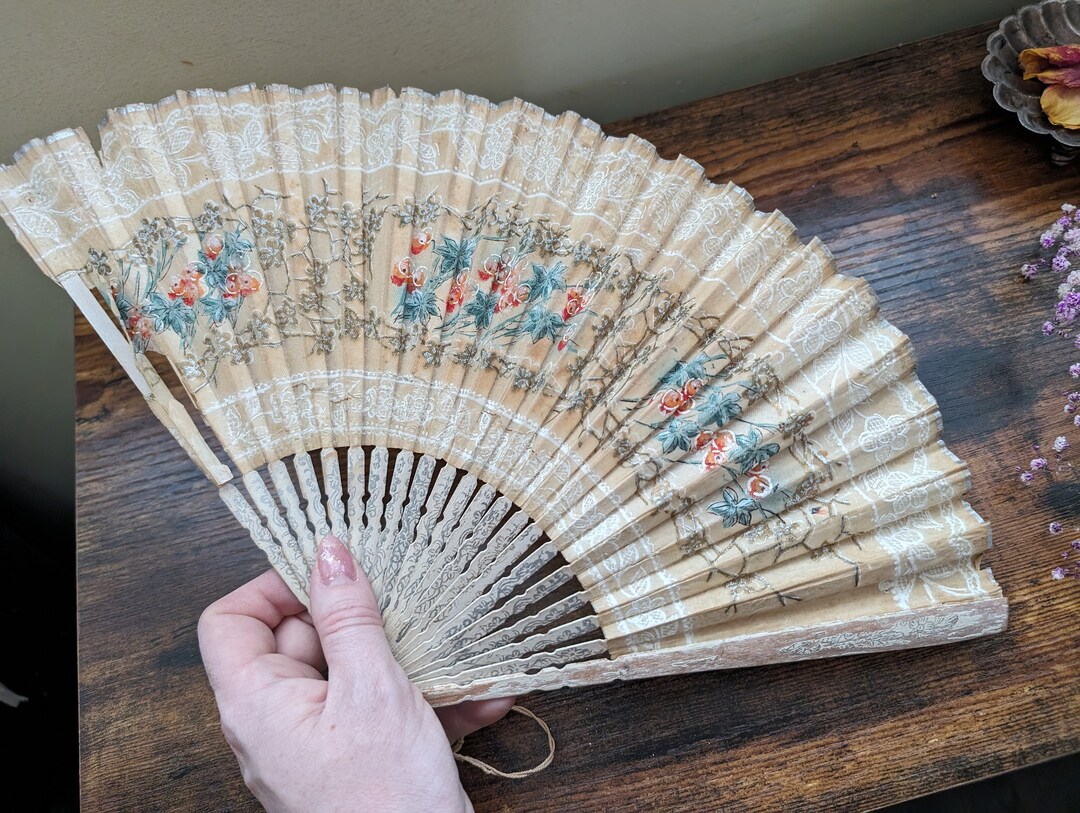 Antique Painted Hand Fan Floral Design - Etsy