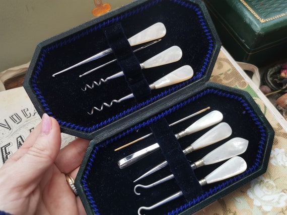 Antique manicure kit in box with mother of pearl hand… - Gem