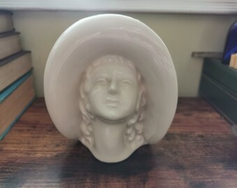 Vintage Art Deco Lady Head Vase With Big Hat, White Glazed Flower Vase ...