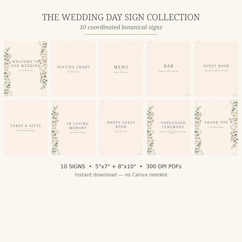 Wedding Signs Printable Bundle, 10 Botanical Wedding Day Signs, Welcome ...