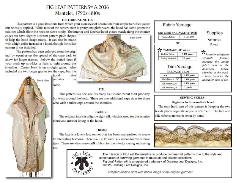 Fig Leaf Patterns® A.2036 Mantelet, 1790s-1810s, S/M-XXL - Etsy