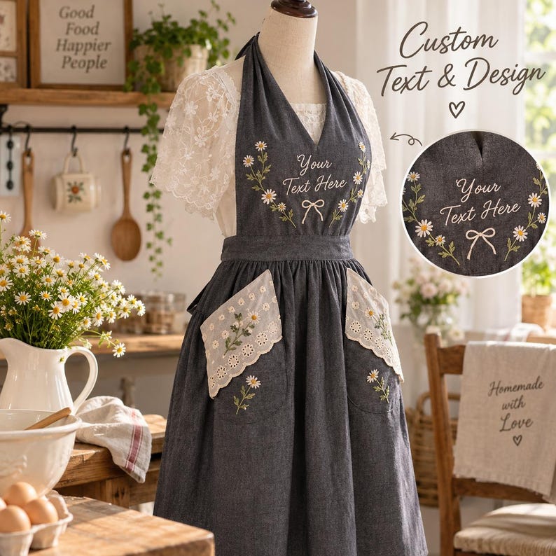 Custom Embroidered Apron, Personalized Cooking Apron, Floral Embroidery ...