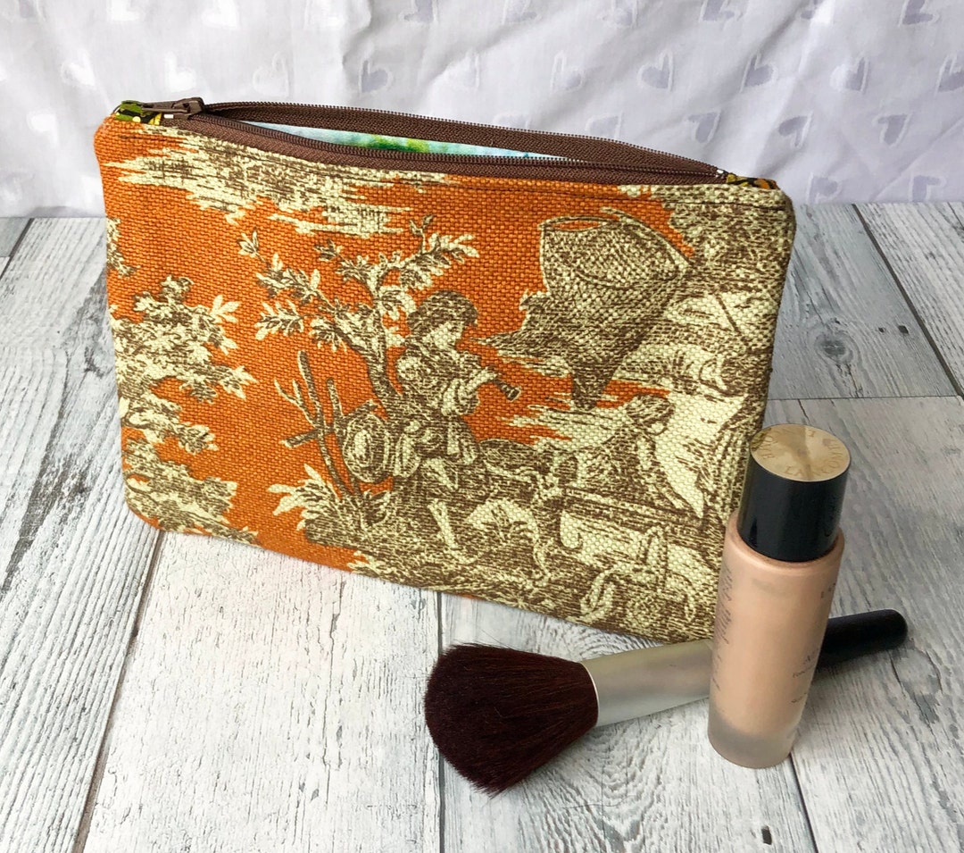 French Toile Flat Bag, Make up Case, Unique Handmade Cosmetic Bag ...