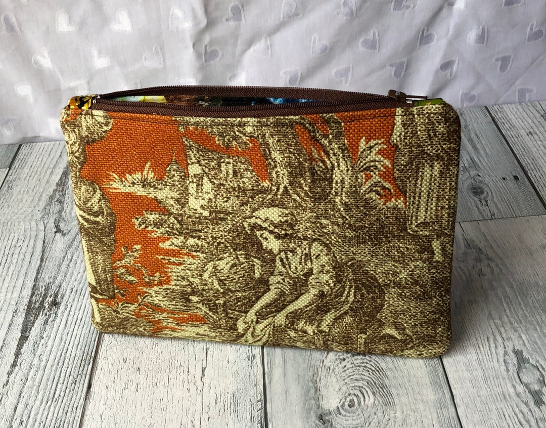 French Toile Flat Bag, Make up Case, Unique Handmade Cosmetic Bag ...