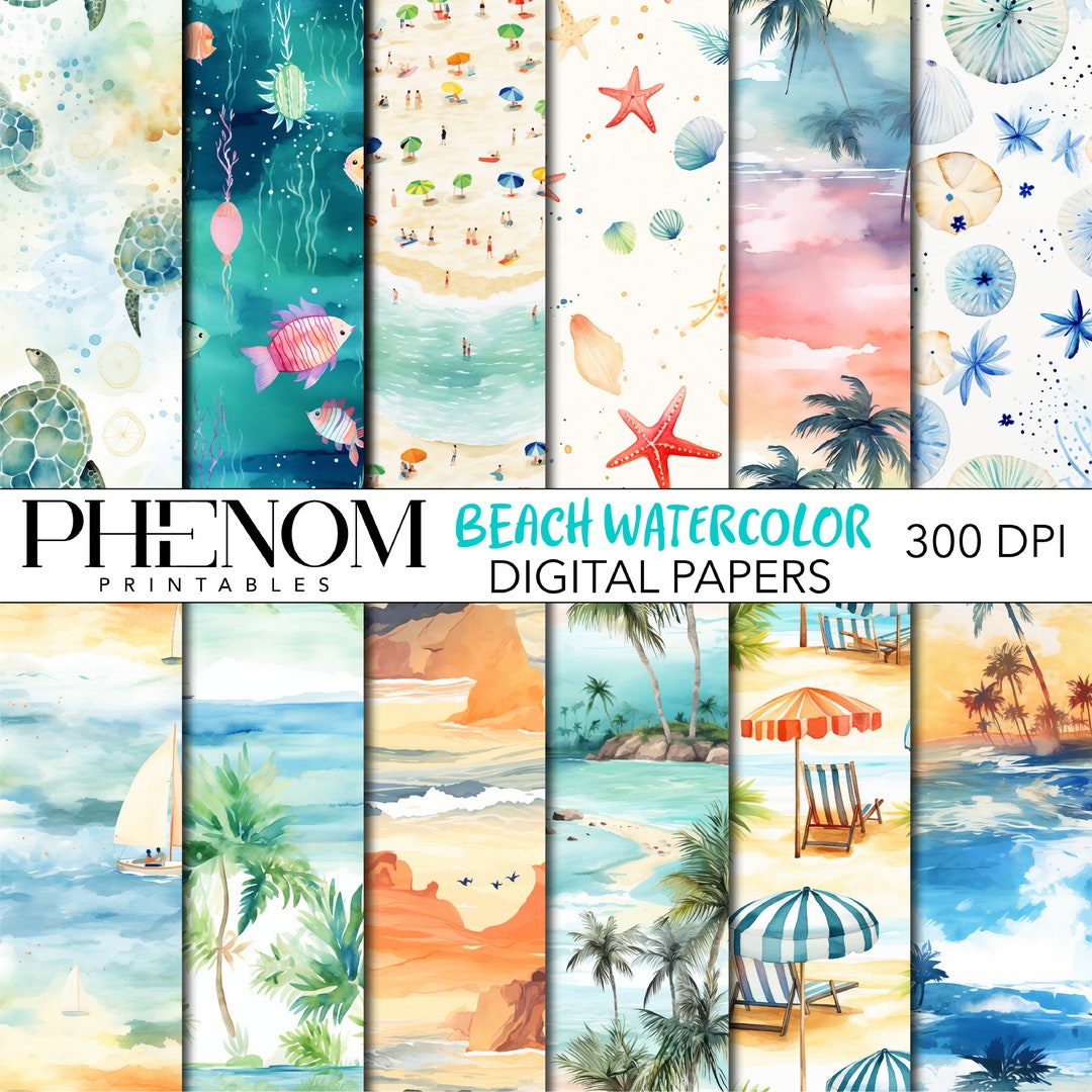 Beach Watercolor Digital Papers, Seamless, Scrapbook, Wallpaper ...
