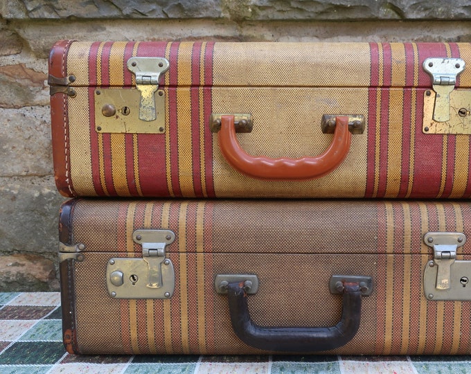 One Vintage Striped Tweed Suitcase Luggage Overnight Case Storage - Etsy