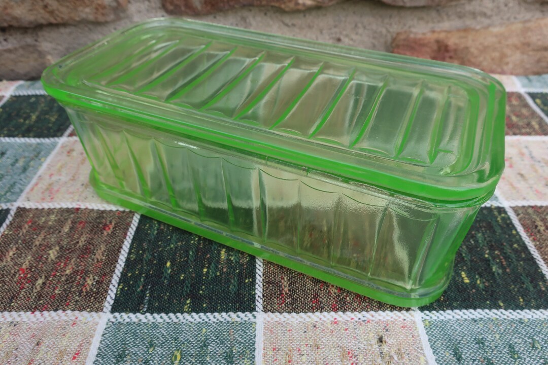 Vintage Green Fridge Dish, Optic Ribbed Anchor Hocking, Uranium Green ...
