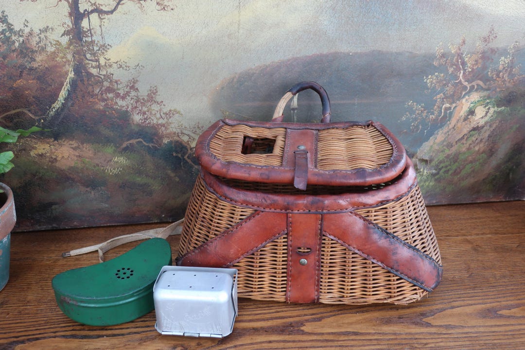 Vintage Fishing Creel Basket With Worn Leather Trim and Two Metal Bait ...