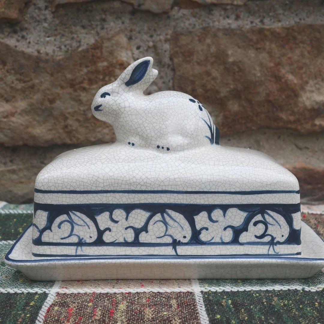 Dedham Rabbit Pottery Covered Butter Dish Bunny Detail the Potting Shed ...