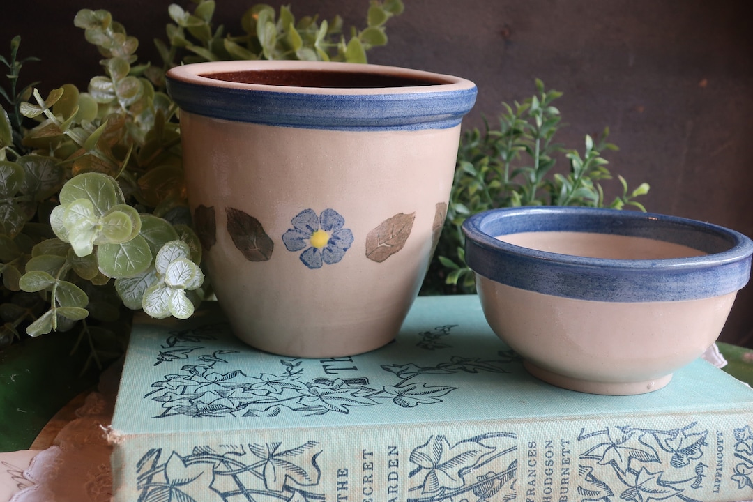 Pair of Beaumont Brothers Pottery Bowls Blue Stripe and Flower Design ...