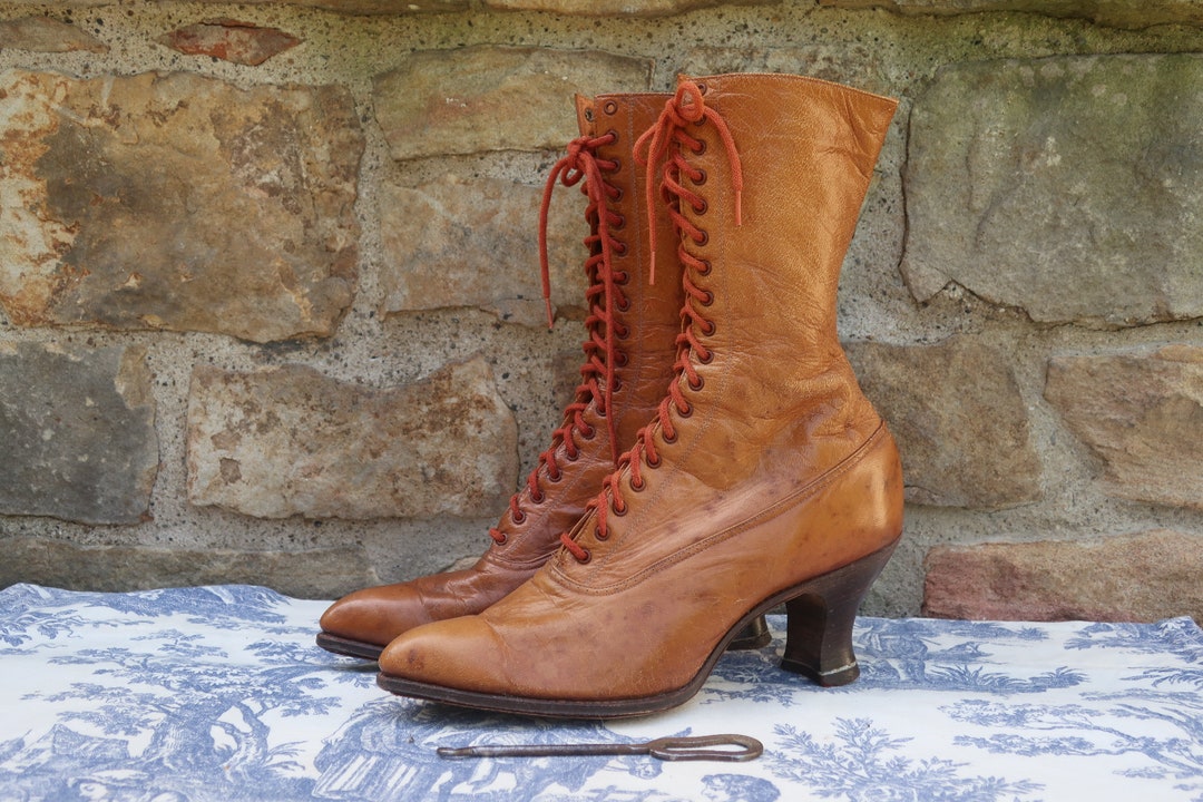 Antique Lace up Boots Light Brown Leather High Shoes Granny Witch Boots ...