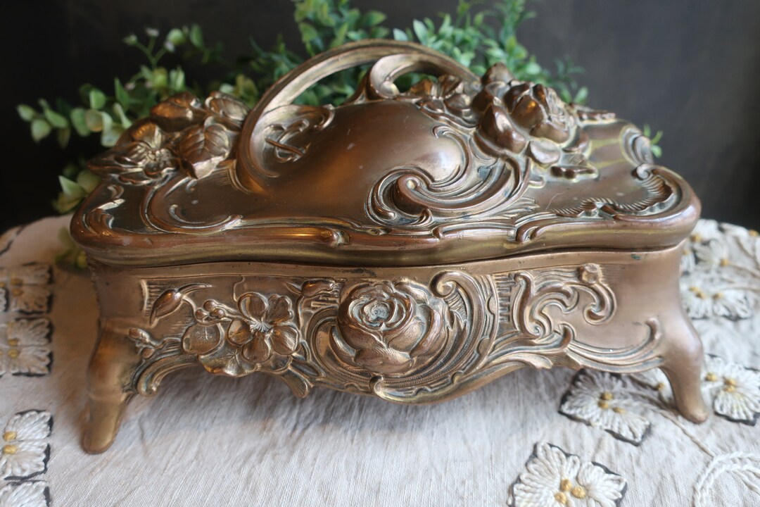 Gold Tone Metal Casket Jewelry Box With Ornate Repousse Flowers - Etsy