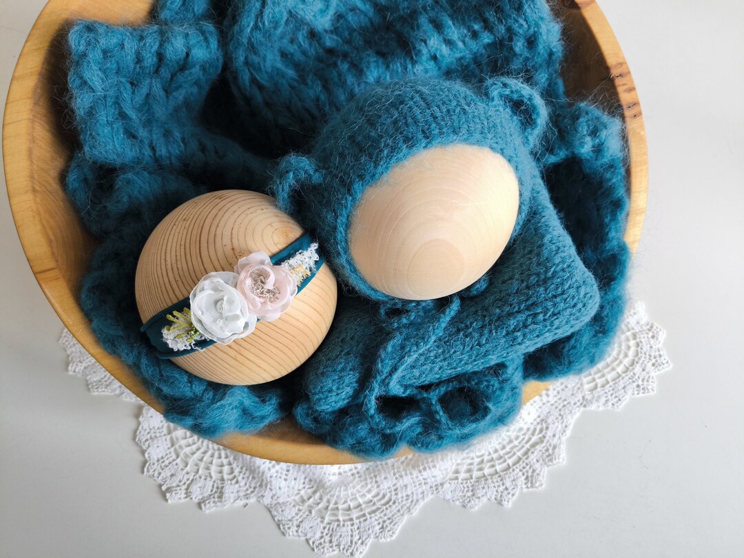 RTS Newborn Photography Props Petrol Blue Blanket Set Chunky Knit Fuzzy ...