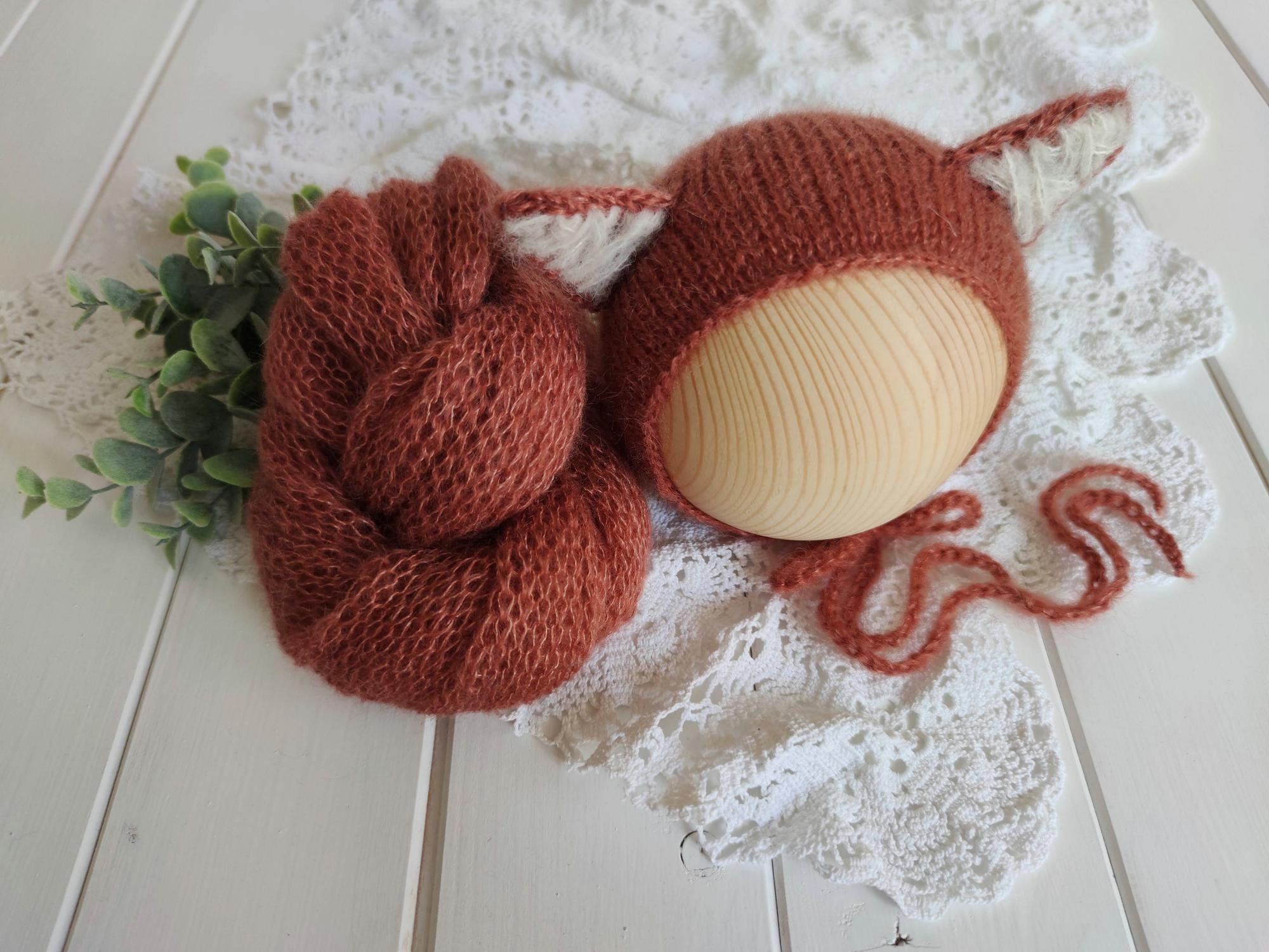 Newborn Foxy Bonnet Knit Mohair Wrap Animal Bonnet and Wrap Set Baby ...