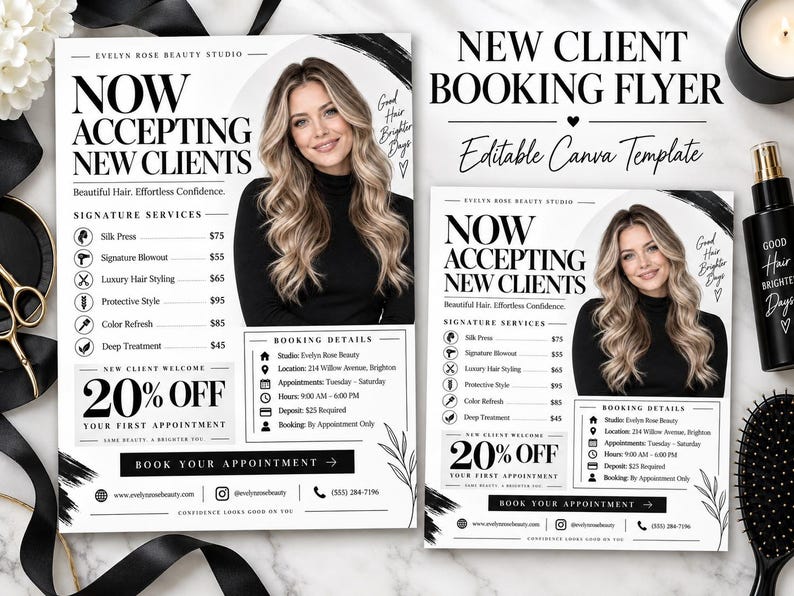 New Client Booking Flyer | Wig Hair Template | Editable Canva ...