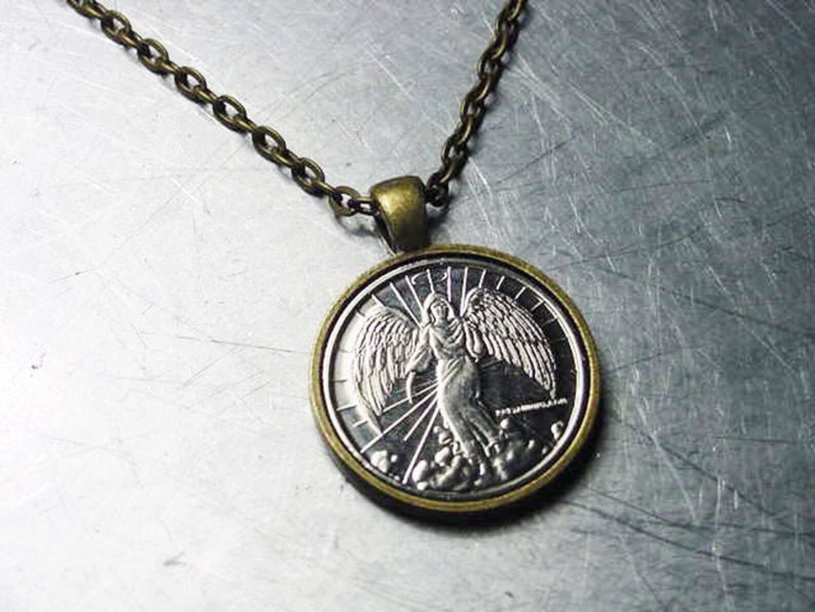 GUARDIAN ANGEL NECKLACE Pendant Angel Coin Token Vintage Silver Brass ...