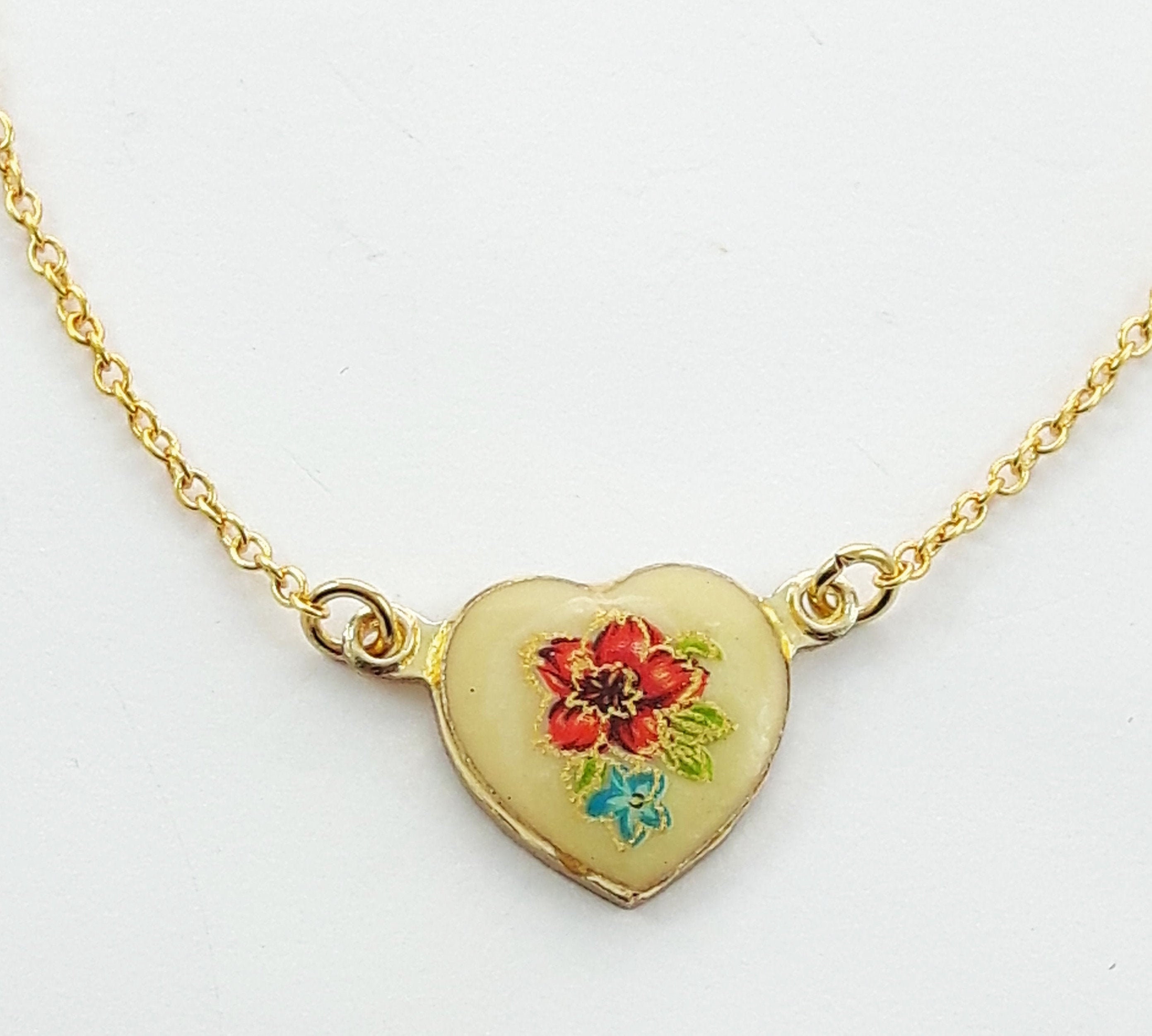 Vintage Red Japanese Floral Heart Necklace - Etsy