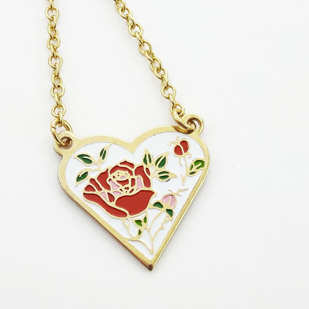 Enamelled Heart Rose Necklace - Etsy