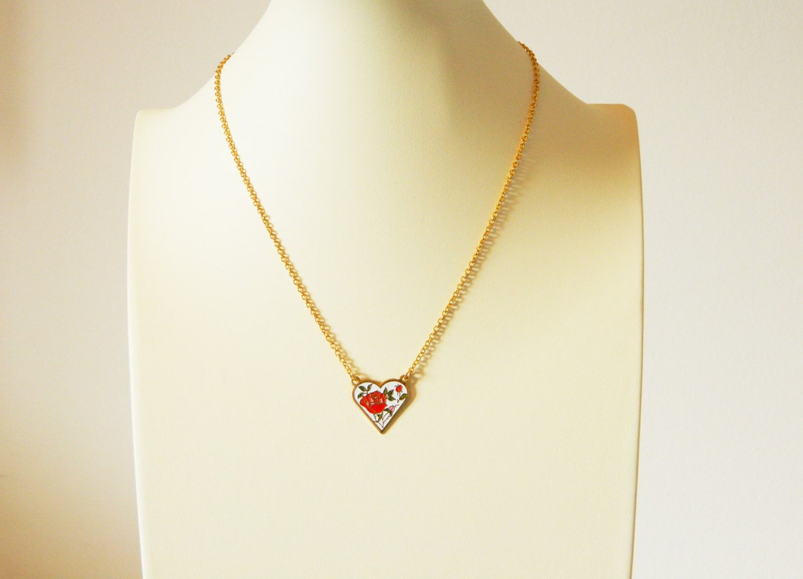 Enamelled Heart Rose Necklace | Etsy