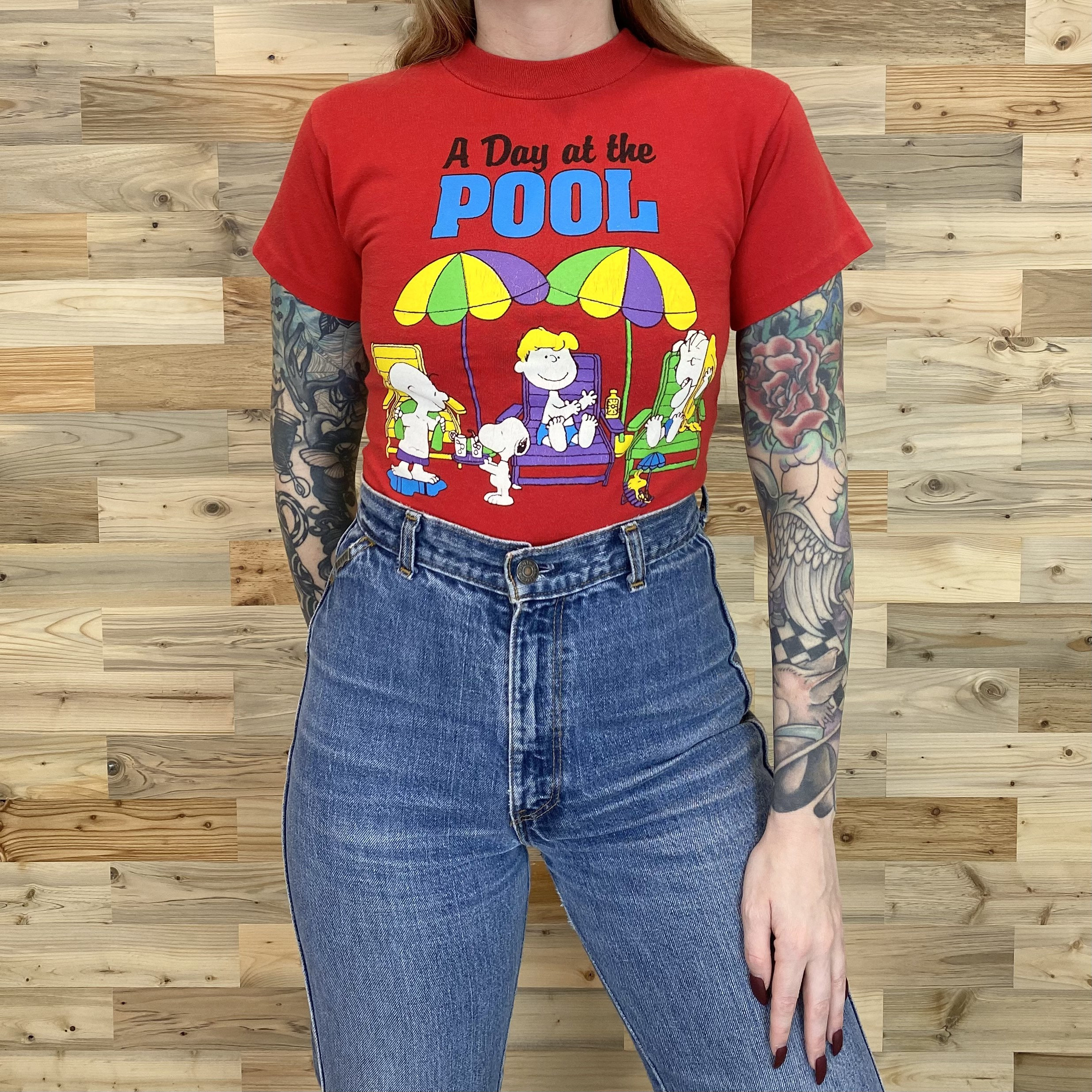 Vintage Snoopy Peanuts A Day At The Pool Baby Tee Shirt T-Shirt