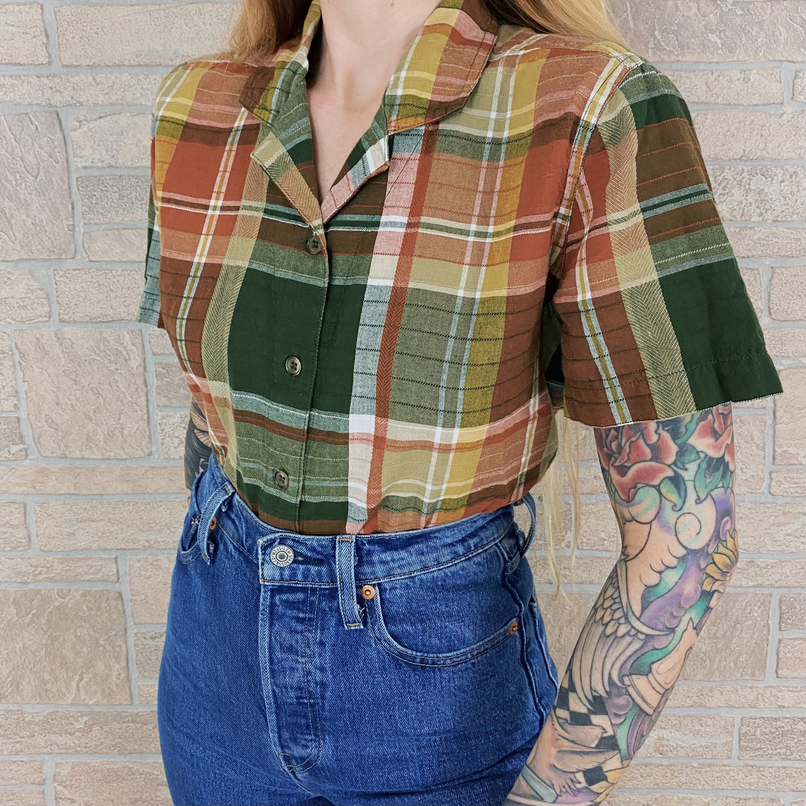 Plaid Print Button Up Shirt / Size Small