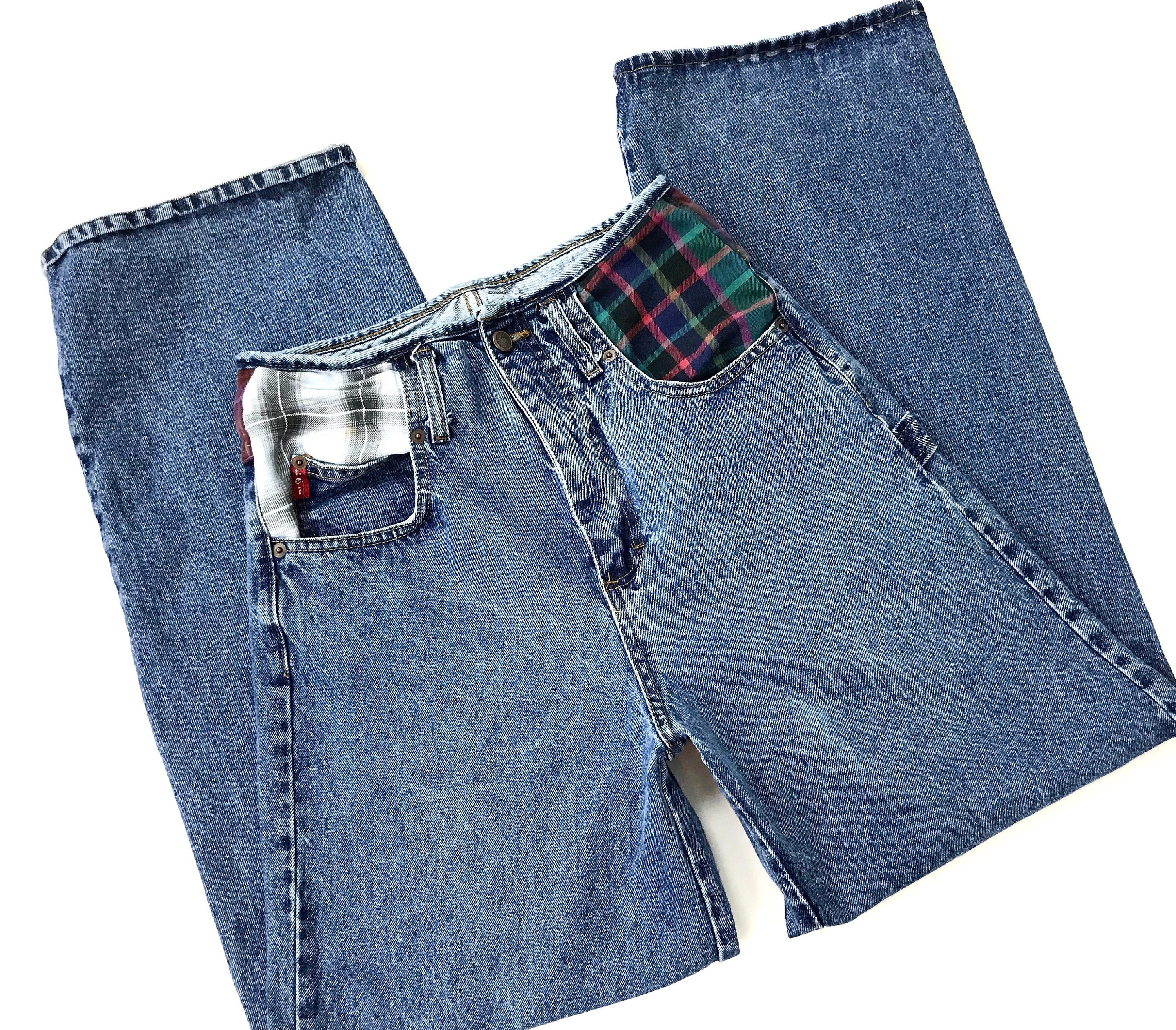 High Waisted Wide Leg Flannel Patchwork Jeans / Size 27 28