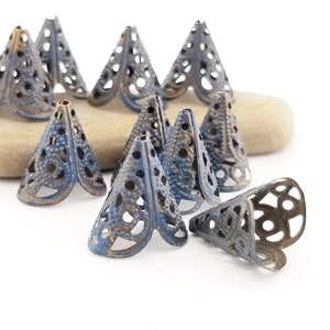 TWO Blue Bead Caps Filigree Bead Cones DIY Earring Caps Colored ...