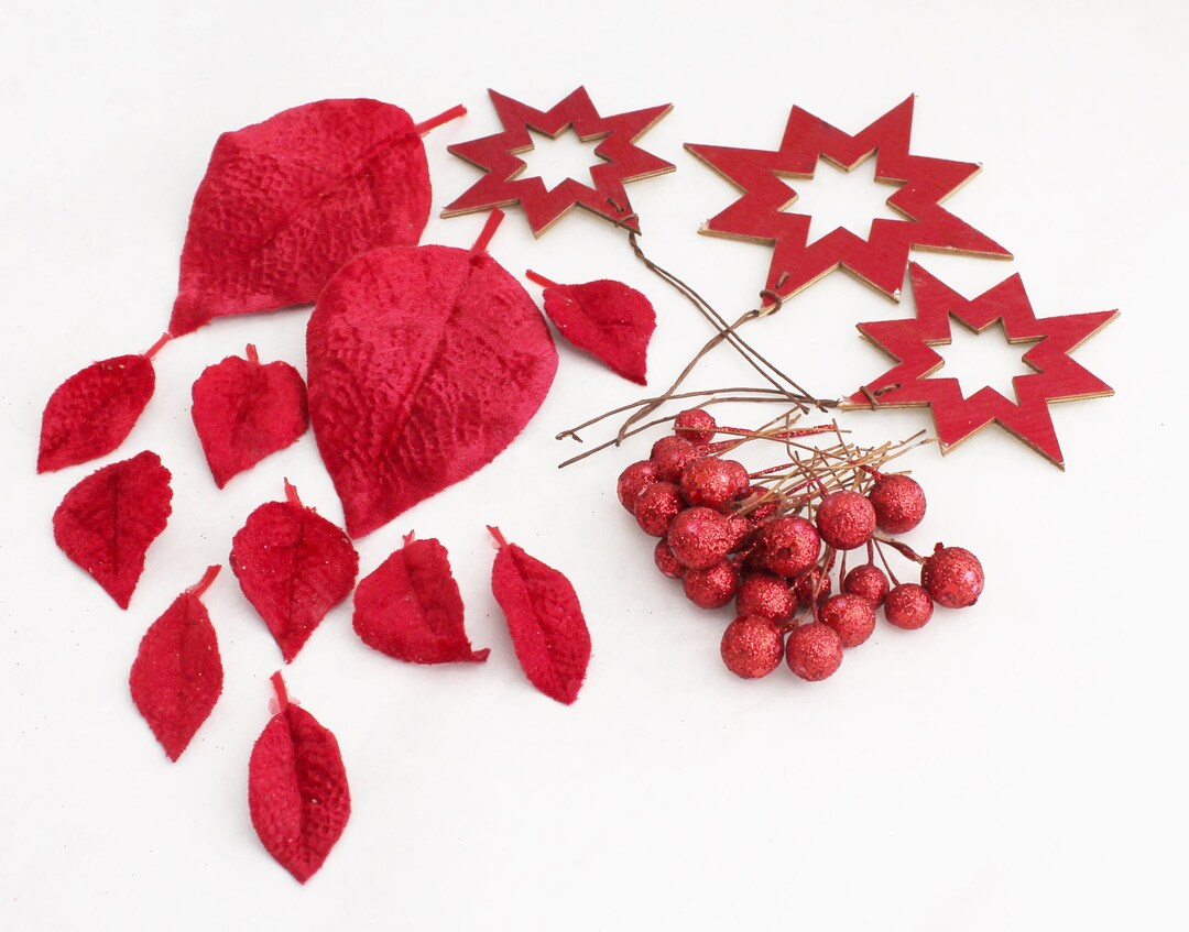35 Red Christmas Picks Vintage Poinsettia Leaves Artificial Berries Red ...