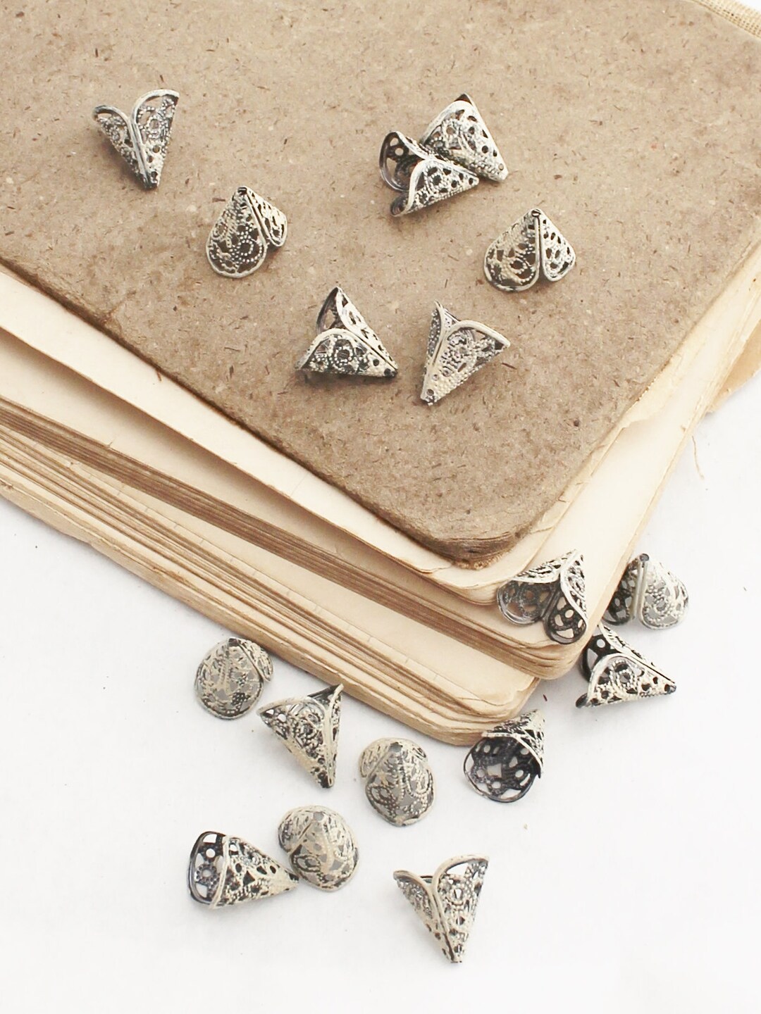 TWO Cream Bead Caps Filigree Bead Cones Victorian Caps Colored Findings ...