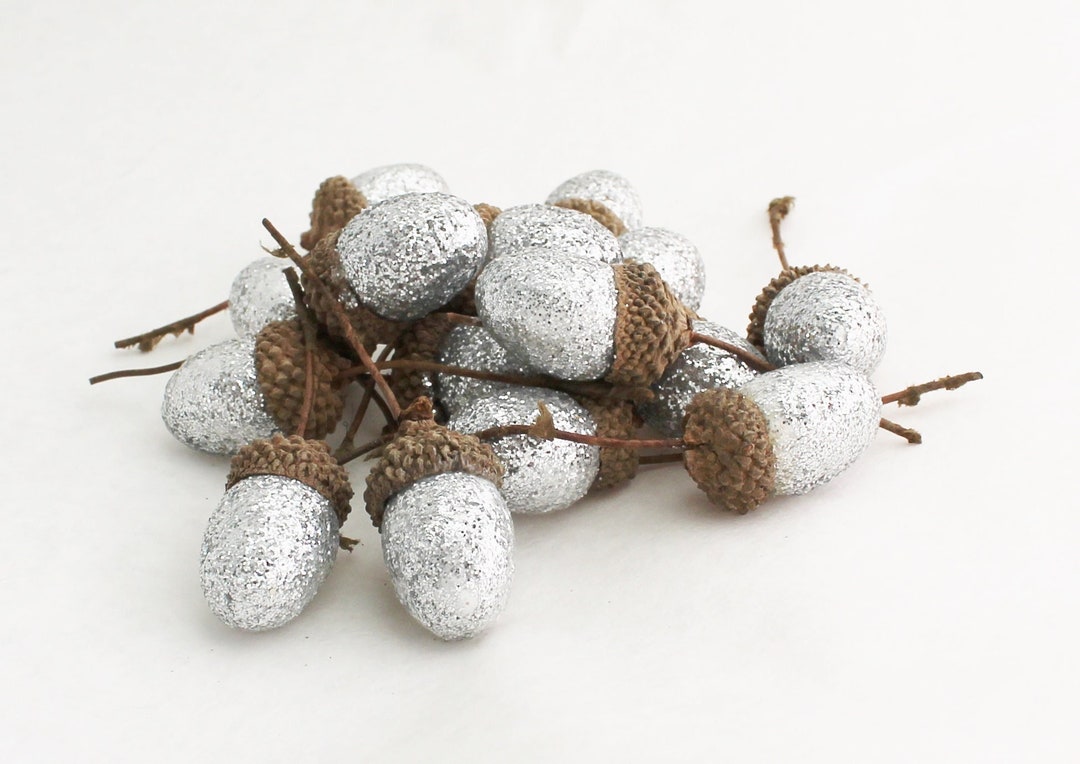 5 Glitter Silver Acorn Picks Fall Decor | Natural Acorn Caps | DIY Fall ...