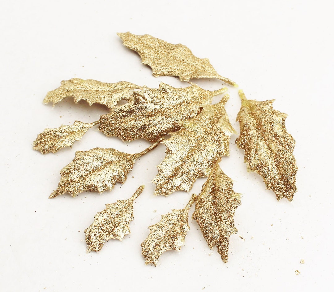 TEN Glitter Gold Holly Leaves | DIY Christmas Picks | Fake Holly Leaf ...