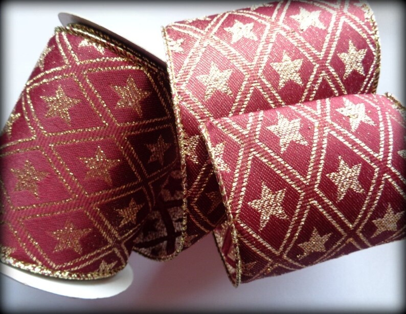 Star Diamond Extra Wide Wired Ribbon Gold / Burgundy 4 Inch | Etsy
