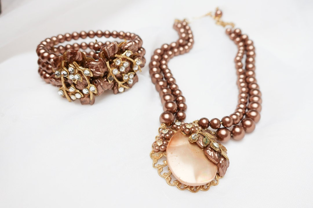 Vintage Copper Pearl Choker Necklace and Bracelet Set UNSIGNED Miriam ...