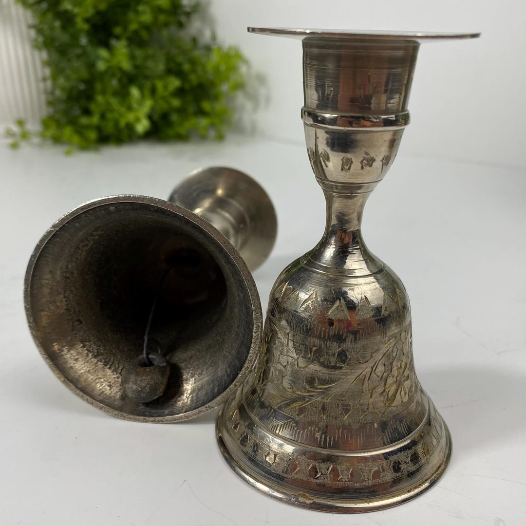 Vintage Etched Bell Candlesticks Pair | Silver Tone India Taper Candle ...