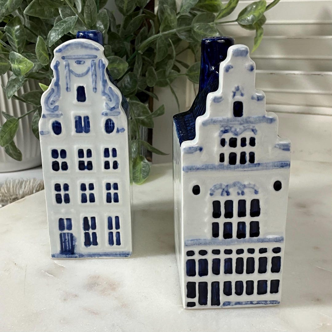 Vintage Delft Blue Canal Houses Pair Holland Dutch Ceramic Blue White ...