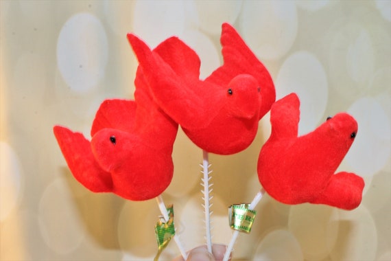 3 PRISTINE Vintage Flocked Red Dove Picks, Floral Picks, Turtle Dove ...